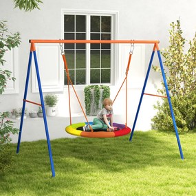 Zahradní houpačka Outsunny pro děti, hnízdová houpačka pro 1-2 děti s vyztuženým kovovým rámem ve tvaru A, 196x172x180cm, vícebarevná