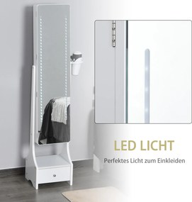 HOMCOM LED šperkovnice 2 v 1, šperkový regál se zrcadlovou skříňkou a zásuvkou, MDF, bílá, 37 x 30 x 158 cm