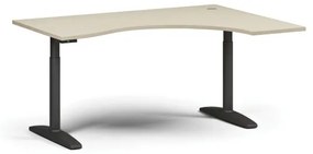 Výškově nastavitelný stůl OBOL, elektrický, 675-1325 mm, ergonomický pravý, deska 1600x1200 mm, černá zaoblená podnož, bříza