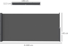 Outsunny Skladací Zahradní Boční Markýza 3m x 1,4m Hliník Polyester Anti-UV Vysokohustotní 180 g/m² Tmavě Šedá | Aosom