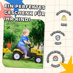 HOMCOM Pedálový Traktor s Přívěsem - Pedálové Auto pro Děti od 3 Let do Zahrady, Železný Žlutý 133 x 42 x 51 cm