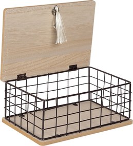 Dřevěno-kovový úložný box se stromem a střapcem - 25*17*11 cm