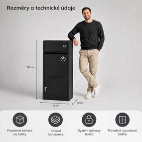 Schránka na balíky a dopisy, balíkový box, kovová, venkovní, uzamykatelná, černá PAT