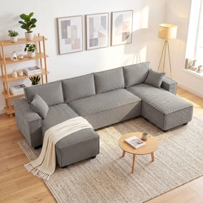 HOMCOM rohová sedačka 311 cm s dvojitou lenoškou, U-tvar, manšestr, hluboká široká sedadla, sedáky s kapsovými pružinami, široké opěrky, 4místná, svě…