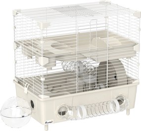 Kotec pro křečky PawHut se 2 patry a 3 dveřmi s kolem, podestýlkou a hracími trubicemi, ocel, PS a PP, 44,5x28x44 cm, krémový a bílý