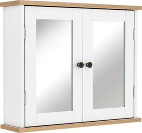 Nástěnný koupelnový kabinet kleankin se zrcadlem 2 úrovně s 1 nastavitelnou policí a 2 dřevěnými dveřmi - rozměr 56 š x 14 h x 46 v cm