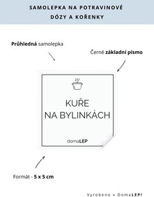 Samolepka na kořenky KUŘE NA BYLINKÁCH průhledná  5 × 5 cm základní písmo