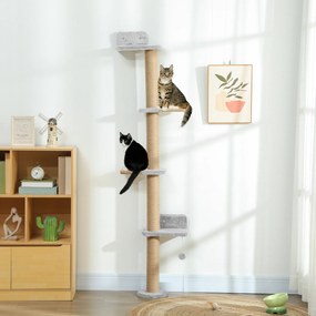 PawHut Kočičí škrabadlo, 5úrovňový design, hračky, sisalové sloupky, plyšová látka, světle šedé