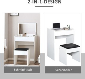 HOMCOM Skládací Toaletní Stolek se Zrcadlem, Moderní Toaletní Stolek se Stoličkou a Úložným Prostorem (10 Přihrádek), Bílý MDF, 60,2 x 40,2 x 79 cm