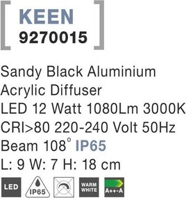 NV 9270015 Venkovní nástěnné svítidlo KEEN černý hliník akrylový difuzor LED 12W 3000K 220-240V 108st. IP65 - NOVA LUCE