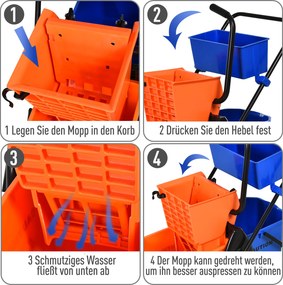 Úklidový vozík HOMCOM 26 litrů s lisem, kbelík na mop s kolečky, oranžový