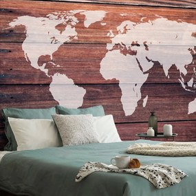 Samolepící tapeta mapa světa s dřevěným pozadím - 150x100 cm