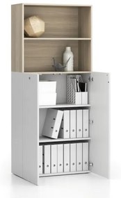 PLAN Kancelářská policová skříň 2-dveřová SEGMENT, uzamykatelná, 4 police, 840 x 370 x 1880 mm, bílá / dub přírodní