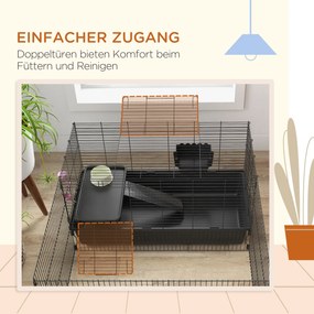 Bouda PawHut pro malá zvířata s výběhem, 112,5L x 99W x 54H cm, s lahví na vodu, krmítkem, miskou na krmení, pro malá zvířata, ocel, černá | Aosom