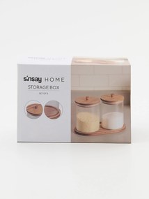 Sinsay - Rýhované nádoby na potraviny s víky na dřevěném podnose - clear