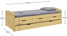 Kondela Postel s výsuvnou přistýlkou, přírodní, masiv, 90x200, MARINELLA NEW