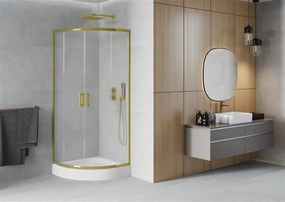 Mexen Rio, čtvrtkruhový sprchový kout 70(dveře)x70(dveře)x190 cm, 5mm sklo námraza, zlatý profil + bílá sprchová vanička RIO, 863-070-070-50-30-4710