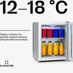 Klarstein Brooklyn 24, mini lednice, 24 l, energetická třída E, skleněné dveře, LED, police, stříbrná