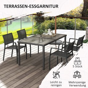 Outsunny 5dílná sada zahradního nábytku, zahradní set s 1 jídelním stolem a 4 stohovacími židlemi, sedací souprava na terasu, síťovina, tmavě šedá