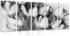 5-dílný obraz jarní tulipány v černobílém provedení - 200x100 cm