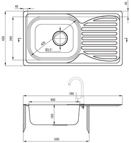 Deante Doppio, nerezový dřez na desku 1-komorový 780x430x160 3,5" + dřezová baterie s ramenem typu "U" + sifon, vzor satén, ZENB0113