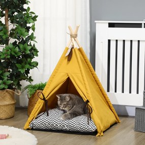 PawHut Tipi Stan pro Domácí Zvířata, Stan pro Kočky s Vyměnitelným a Pratelným Polštářem, Kočičí Dům s Protiskluzovým Spodkem, Hračková Kulička, pro …