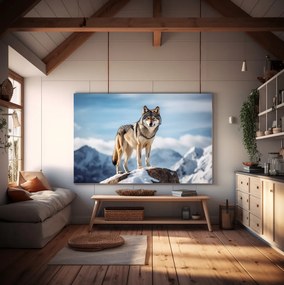 Obraz na plátně - Vlk hlídkuje na skále za krásného horského dne FeelHappy.cz Velikost obrazu: 120 x 80 cm