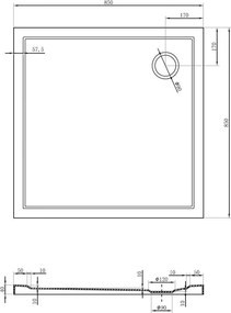 Mexen Flow Slim, čtvercová sprchová vanička 85 x 85 cm, černá matná, 46S708585