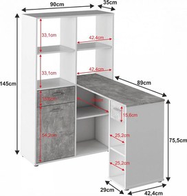 Tempo Kondela Psací stůl MINESON s regálem, bílá/beton