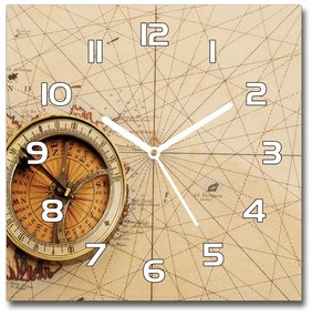 Wallmuralia Skleněné hodiny na stěnu Kompas na mapě 30x30 cm