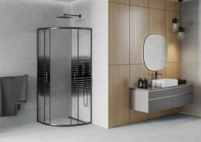 Mexen Rio, čtvrtkruhový sprchový kout s posuvnými dveřmi 90 (dveře) x 90 (dveře) x 190 cm, 5mm čiré sklo s pásky, černý profil, 863-090-090-70-20