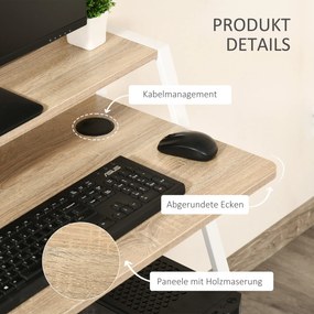 Psací stůl HOMCOM Moderní počítačový stůl s úložným prostorem a kabelovou zásuvkou Kovový rám bílý dub 84x45x85cm pro domácí kancelář a pracovnu | Ao…
