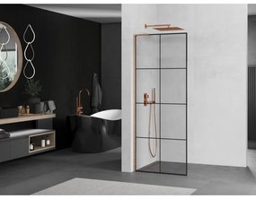 Mexen Kioto L, sprchová zástěna Walk-In 90 x 200 cm, 8mm čiré sklo černý vzor, ​​měděný matný profil, 800-090-103-65-77