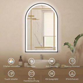 HOMCOM LED koupelnové zrcadlo 60 x 90 cm s osvětlením, přední a zadní osvětlení, paměťová funkce, dotykový spínač, černé