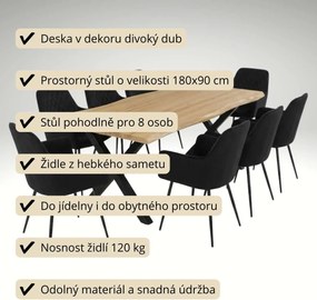 Vikio Jídelní set pro 8 osob 180x90 cm soft dub noha X černá židle s područkami VJS228-8C