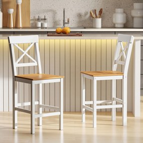 HOMCOM Set 2 Barových Židlí Vysoký Sedák 60,2 cm Dřevěné Kuchyňské Židle s Opěrkou a Podnožkou Nosnost 120 kg pro Jídelnu a Obývací Pokoj Přírodní a …