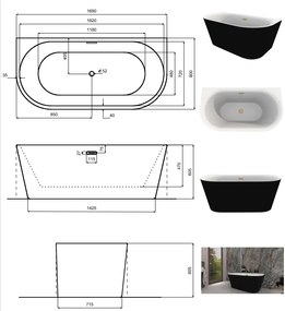 Besco Vica New B&W volně stojící vana se štěrbinovým přepadem, mat Délka vany: 160cm