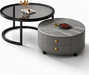 LuxuryForm DESIGN Konferenční stolek ORION 70 × 70 / 50 × 50 cm – šedý / šedý mramor + sklo (set 2 ks)