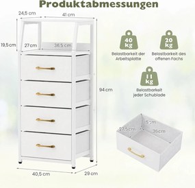Costway Komoda s 4 látkovými zásuvkami zásuvková skříň s kovovým rámem bílá +