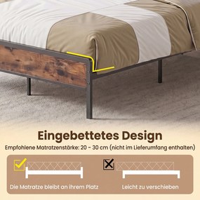Costway Kovová postel 140 × 220 cm s LED a nabíjením, hnědá