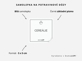 CEREÁLIE - omyvatelná samolepka na dózu, výběr rozměrů Ø 5 cm / 5 x 5 cm / 6 x 8 cm | DomaLEP tvar: ČTVEREC, barva: BÍLÁ - ČERNÉ písmo, velikost: š. 5 cm x v. 5 cm - základní písmo