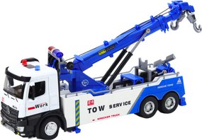 LEAN Toys Nákladní auto s jeřábem, dvěma háky, kovové, bílo-modré, světla a zvuky