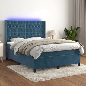 Box spring postel s matrací a LED tmavě modrá 140x200 cm samet 3139749