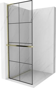 Mexen Kioto+ L, sprchová zástěna Walk-In s poličkou a věšákem 90 x 200 cm, 8mm čiré sklo černý vzor, ​​zlatý lesklý profil, 800-090-123-50-77