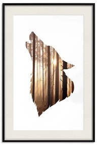 Plakát Píseň lesa - lesní krajina se šablonou vlčí tváře na bílém pozadí