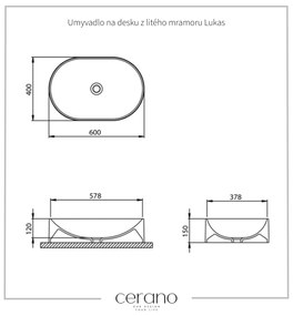 CERANO - Umyvadlo na desku z litého mramoru Lukas - bílá lesklá - 60x40 cm