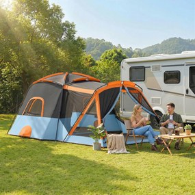 Outsunny tunelový rodinný stan pro 4 osoby s oddělenými ložnicemi a obytnou částí, střešními okny, PE podlážkou, voděodolnost 3000 mm – oranžovo-modrý