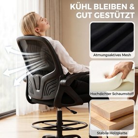 HOMCOM Kreslicí židle s nastavitelnou bederní opěrkou, otočná, síťovaný potah, sklápěcí opěrky rukou, nastavení výšky a opěrný kruh, černá