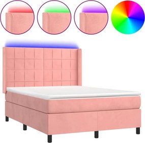 Box spring postel s matrací a LED růžová 140x200 cm samet 3139570