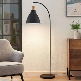 Stojací lampa Lindby Trebale, E27, železo, dřevo, černá barva
